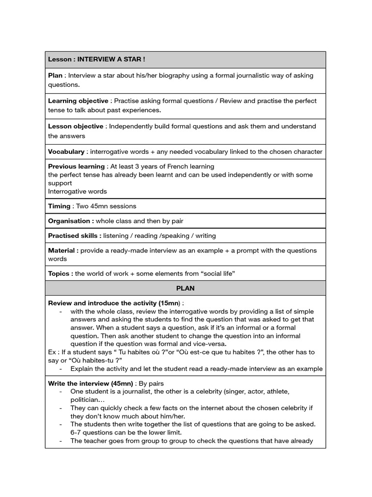 Lesson Plan - INTERVIEW A STAR | PDF