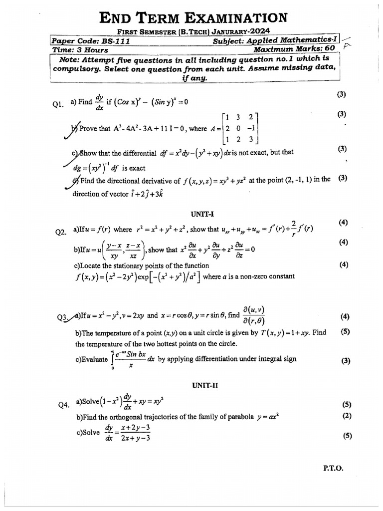 Btech 1 Sem Applied Mathematics 1 Bs 111 Jan 2024 | PDF Btech 1 Sem Applied Mathematics 1 Bs 111 Jan 2024 | PDF