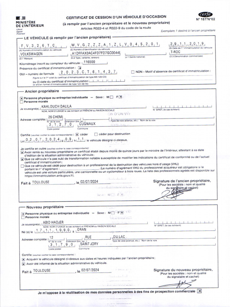 Certificat de Cession T-Roc 02072024 | PDF