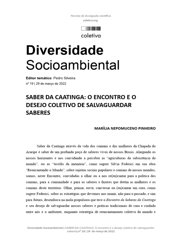NEPOMUCENO, Marília. Saber Da Caatinga. Revista Coletiva, FUNDAJ, 2022 | PDF
