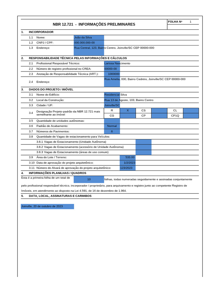 Quadro Exemplo Abnt NBR 12721-2006 | PDF