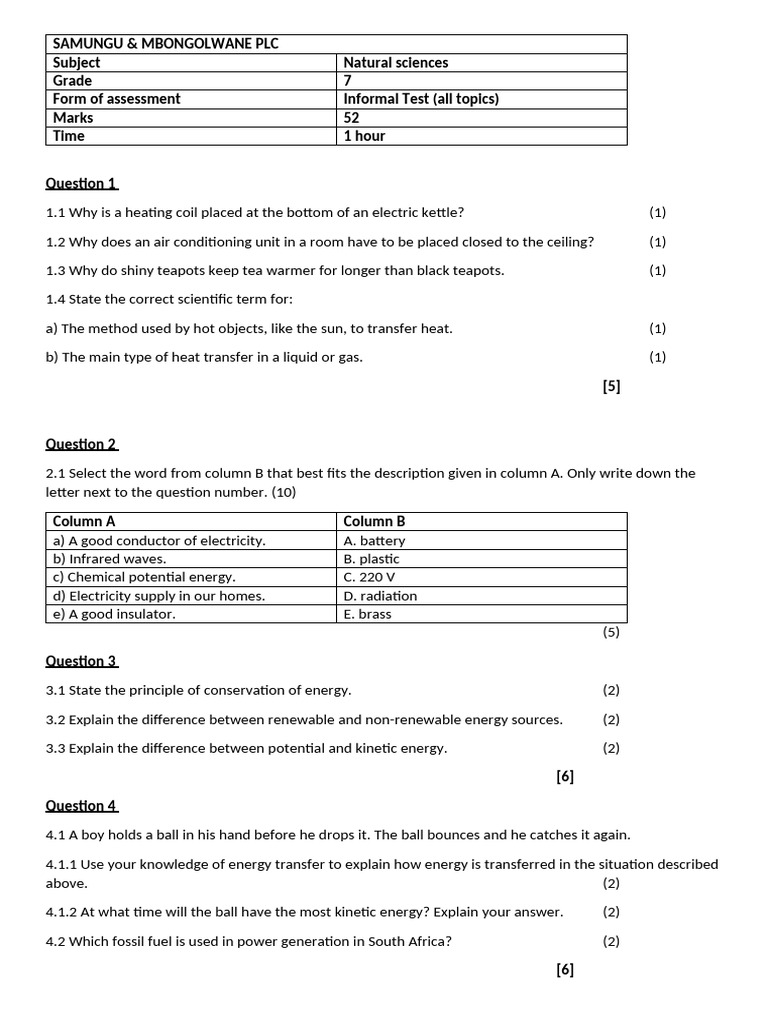 Term 3 GR 7 Informal Test (All Topics) Ns Samungu and Mbongolwane PLC ...