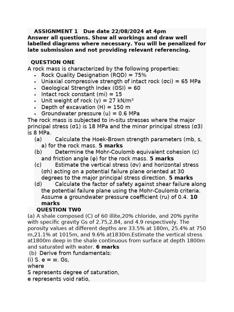 Rock Mechanics Assignment 1 | PDF