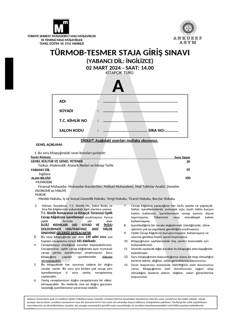 Türmob-Tesmer Staja Giriş Sinavi: (Yabanci Dil: İngilizce) | PDF