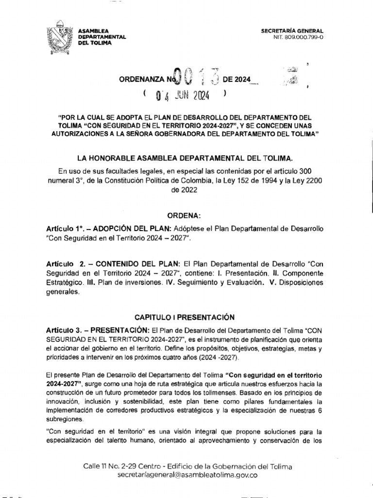 Ordenanza 013 de 2024 - Aprueba Plan de Desarrollo 2024 - 2027 | PDF