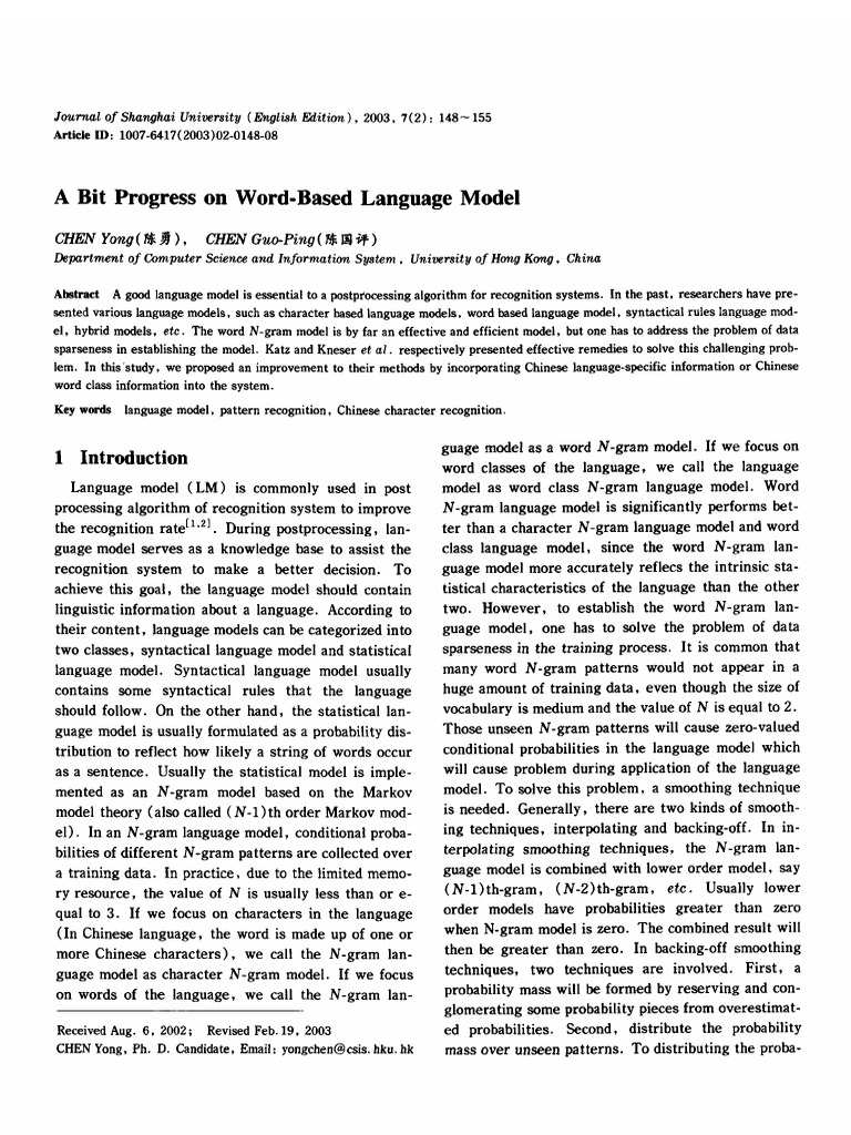 Progress On Word-Based Language Model - Chen Y & Chen G.-P | PDF