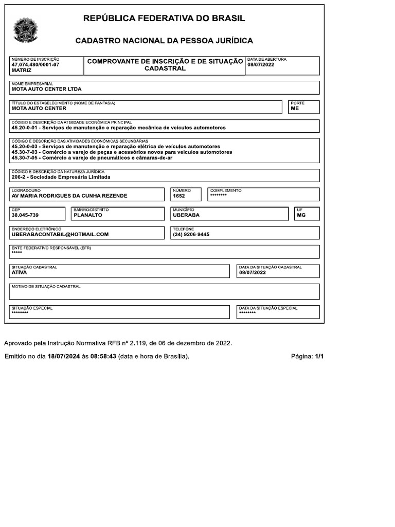 CNPJ Mota Auto Center | PDF