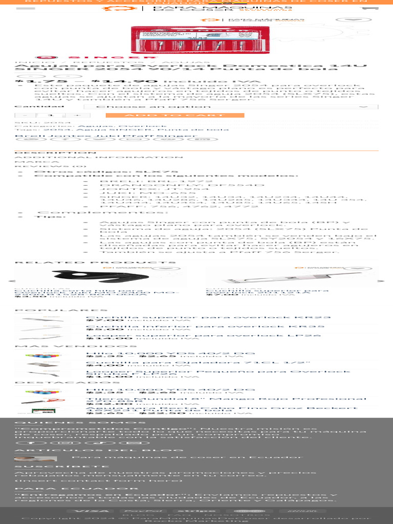 Agujas para Overlock Domestica 14U SINGER 2054 9014 Punta de Bola ...