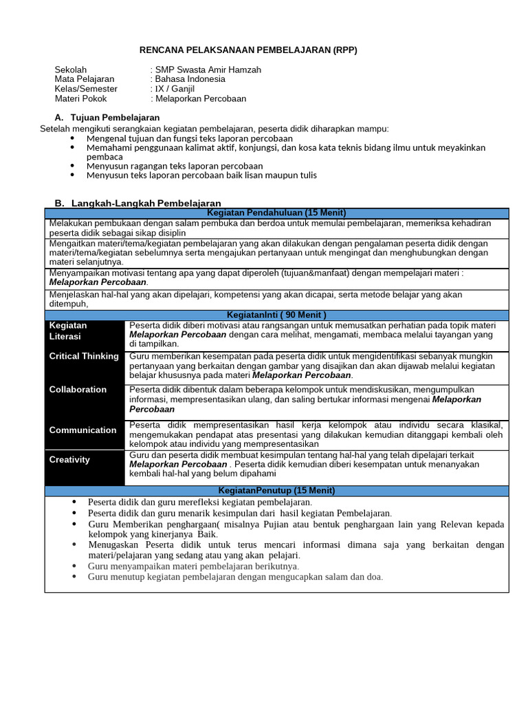 1 RPP 1 Lembar Bahasa Indonesia Kls.9 Sem.1 - WWW - Kherysuryawan.id | PDF