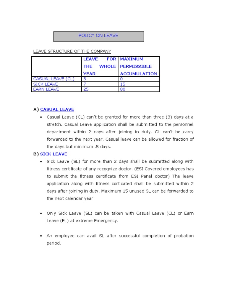 Leave Structure of The Company | PDF | Sick Leave | Government