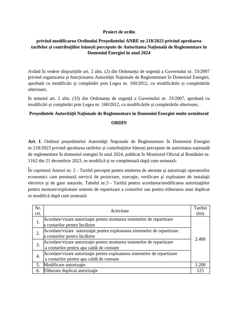 Proiect de Ordin Modificare Ordin Tarife Si Contributii | PDF