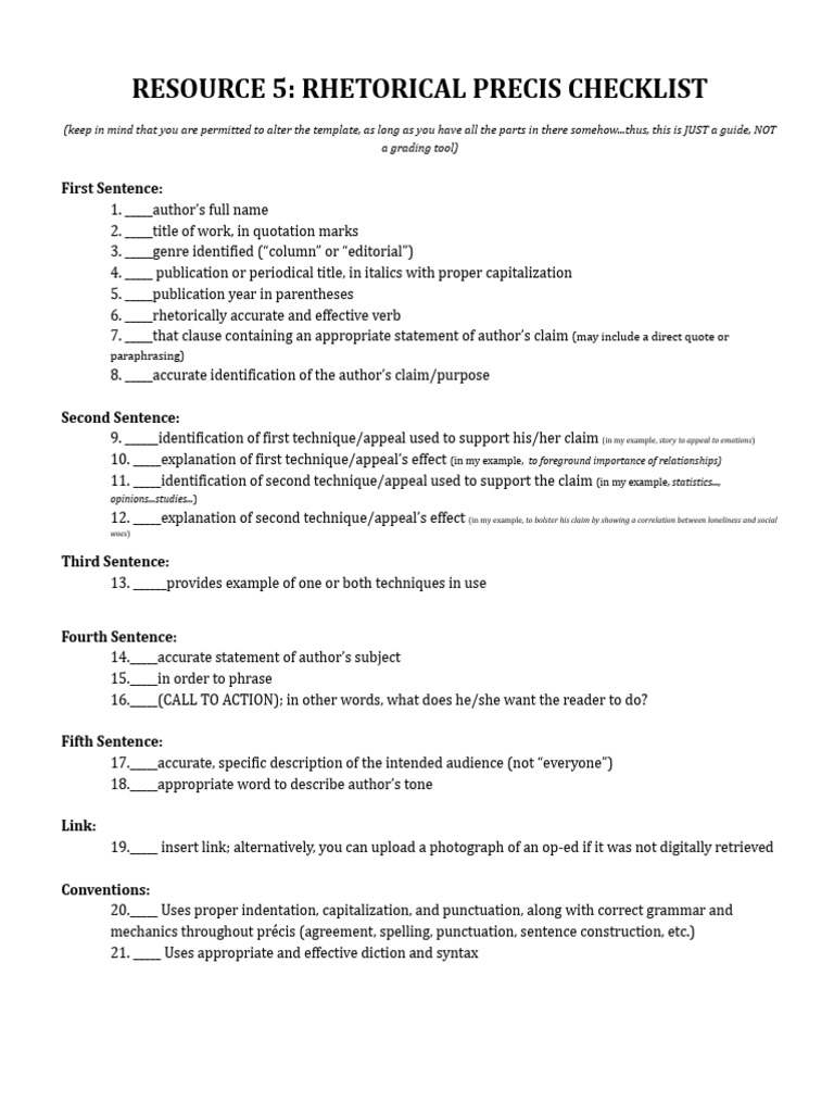 AP Lang Summer Work - RESOURCE 5 - Rhetorical Precis Checklist | PDF