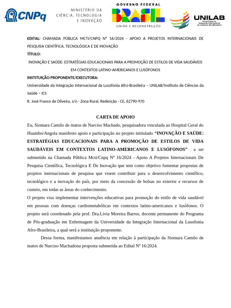 Carta de Apoio Projeto CNPQ | PDF
