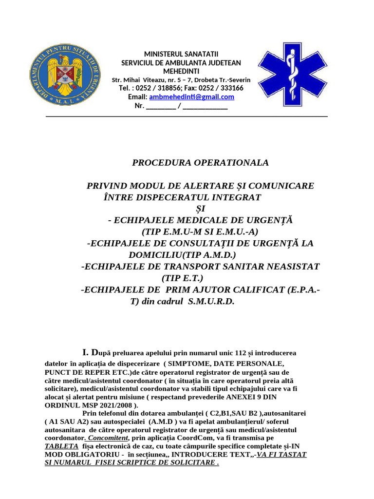Procedura Operationala Echipaje Urgenta | PDF