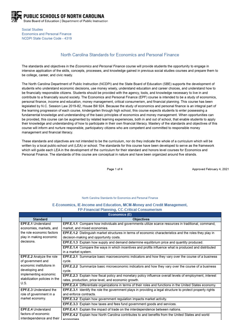 Economics and Personal Finance Standards, Fall 2021 Implementation | PDF