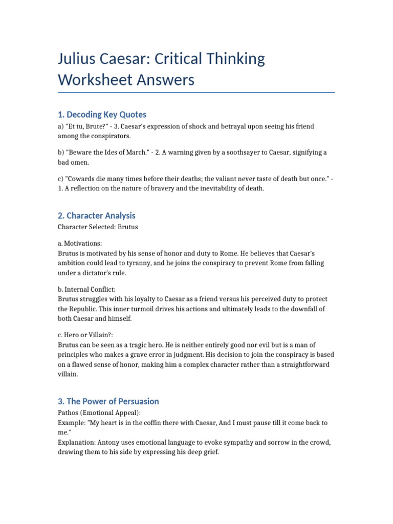 Julius Caesar Critical Thinking Worksheet Answers | PDF