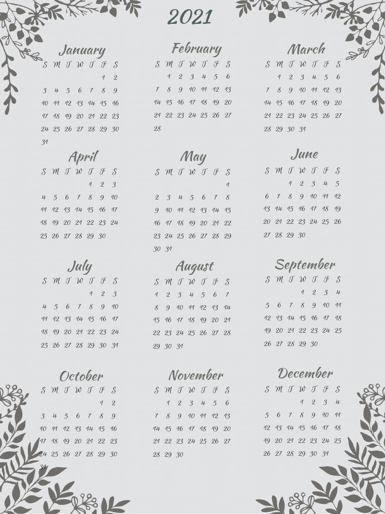 Gray Botanical Yearly Calendar | PDF