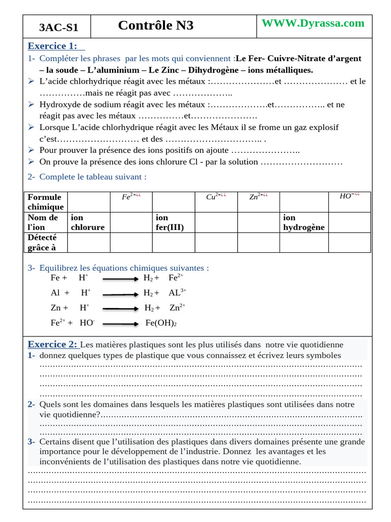 Devoir N°3 Type 1 S1 3ac 1 | PDF