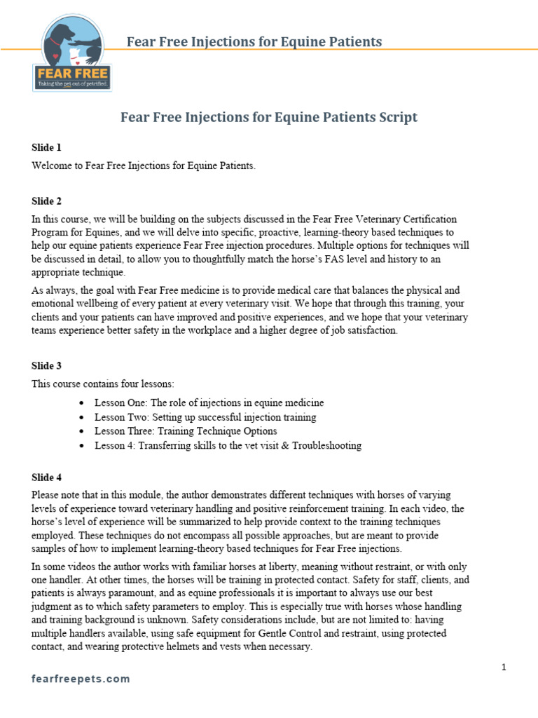 Fear Free Injections For Equine Patients Script | PDF