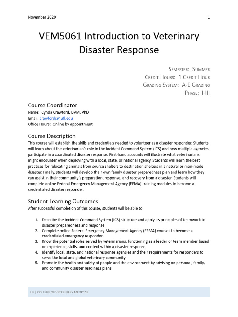 VEM5061 Introduction To Veterinary Disaster Response Syllabus | PDF