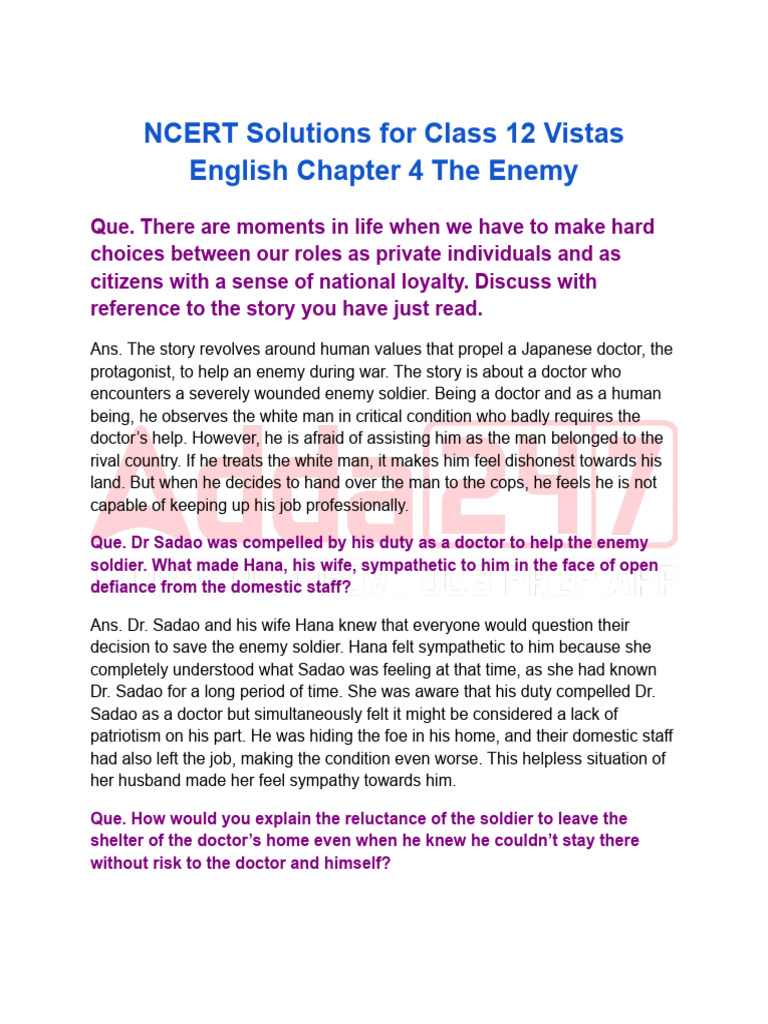 NCERT Solutions For Class 12 Vistas English Chapter 4 The Enemy | PDF