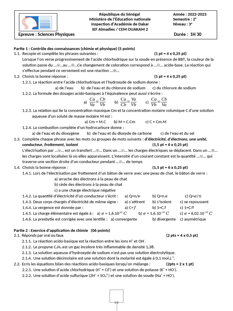 Devoir SP Standardisé 2nd Semestre IEF Almadie 2023 | PDF