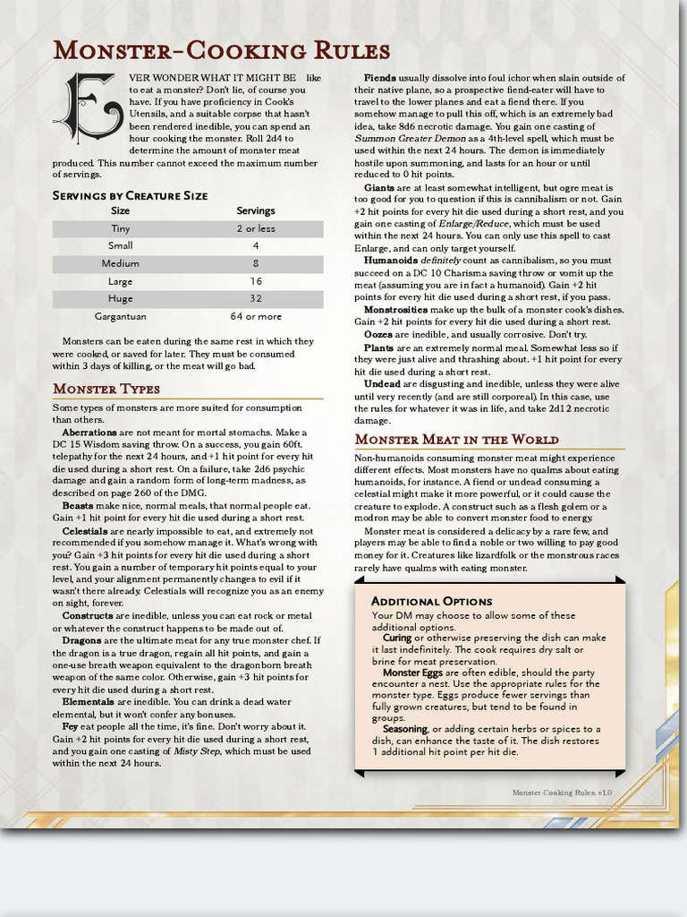D&D 5e Monster Cooking Rules - GM Binder | PDF