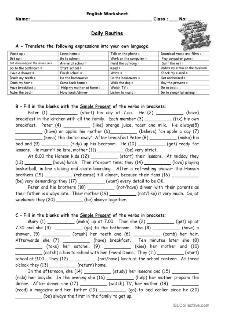 Daily Routines Worksheet | PDF