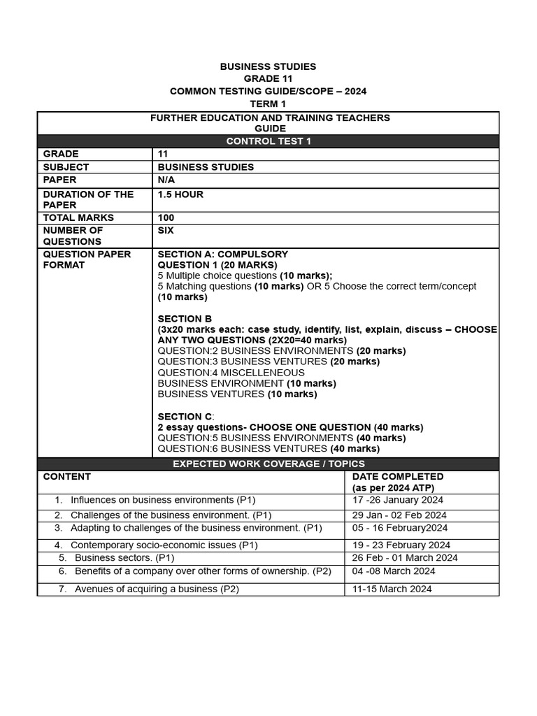 2024 Business Studies Grade 11 Revised Scope | PDF