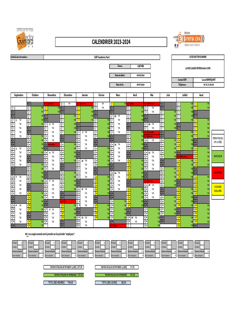Calendrier Apprentissage 2023-2024 Fonderie D'art | PDF