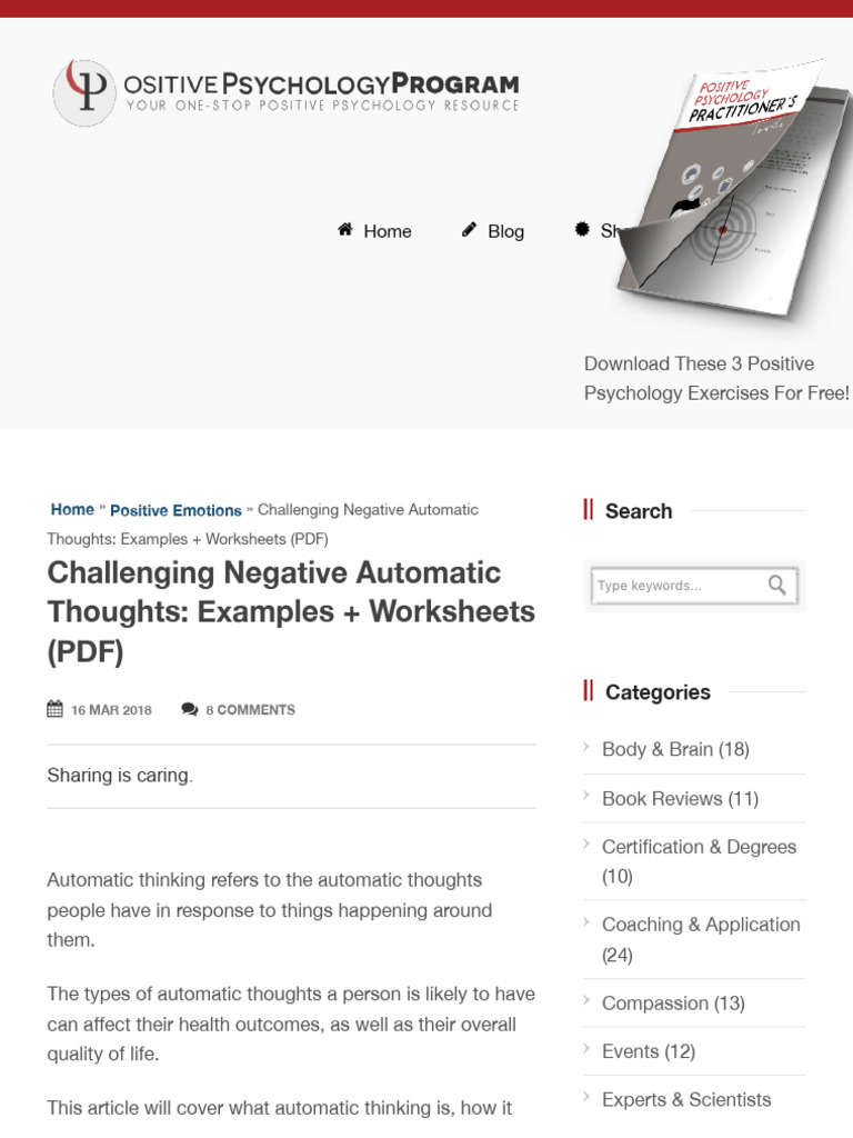 Challenging Negative Automatic Thoughts: Examples + Worksheets (PDF) | PDF