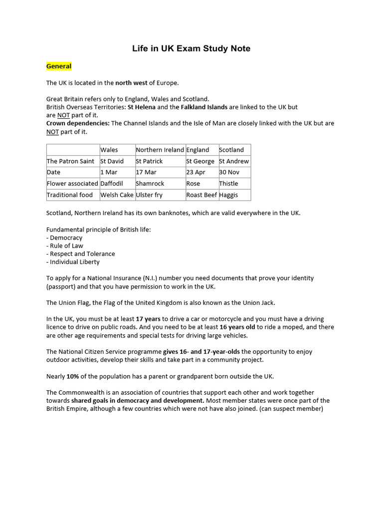 Life in UK Exam Study Note | PDF
