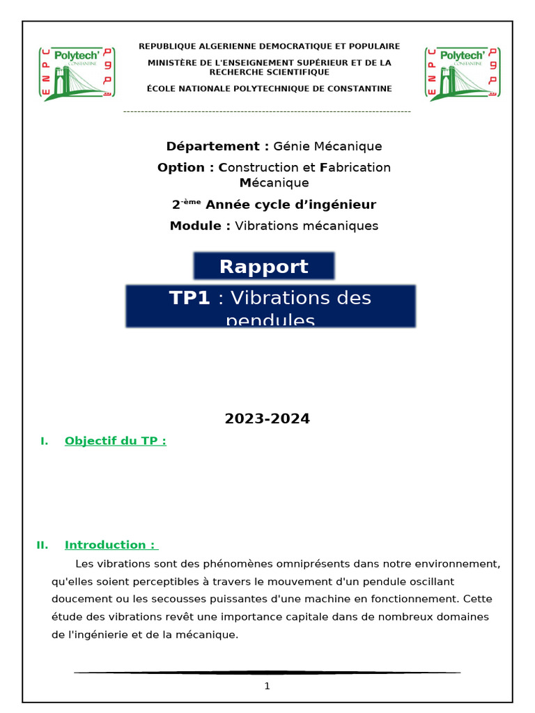 TP1: Vibrations Des Rapport: Pendules | PDF