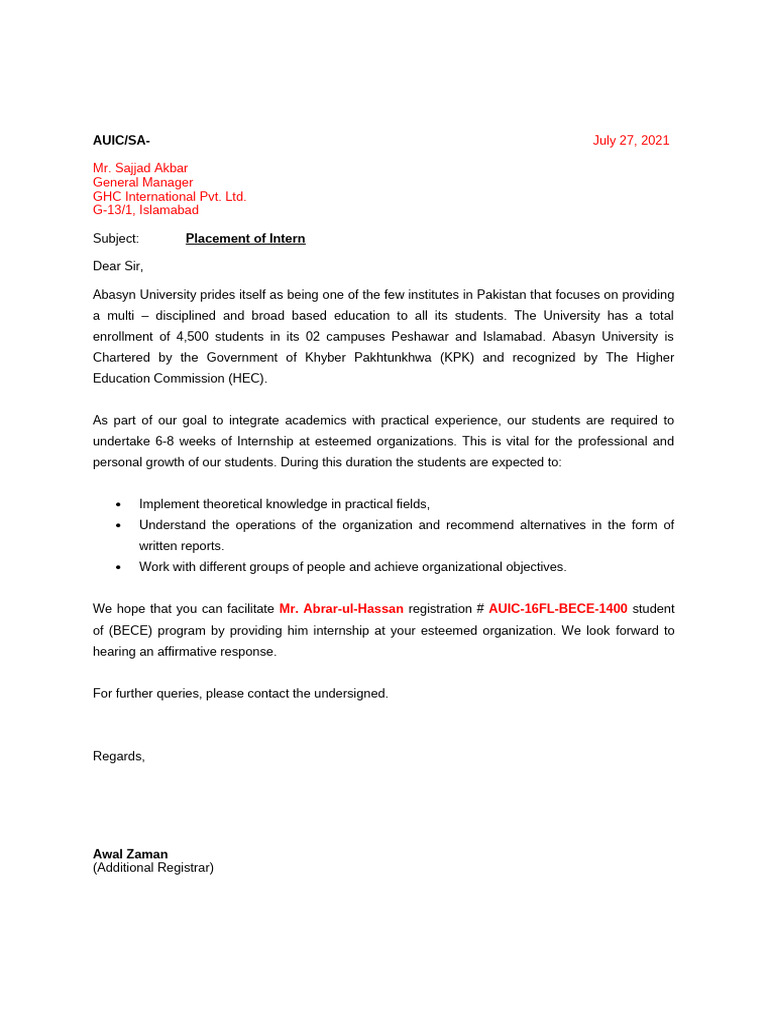 Internship Placement Letter | PDF | Career & Growth | Finance & Money ...