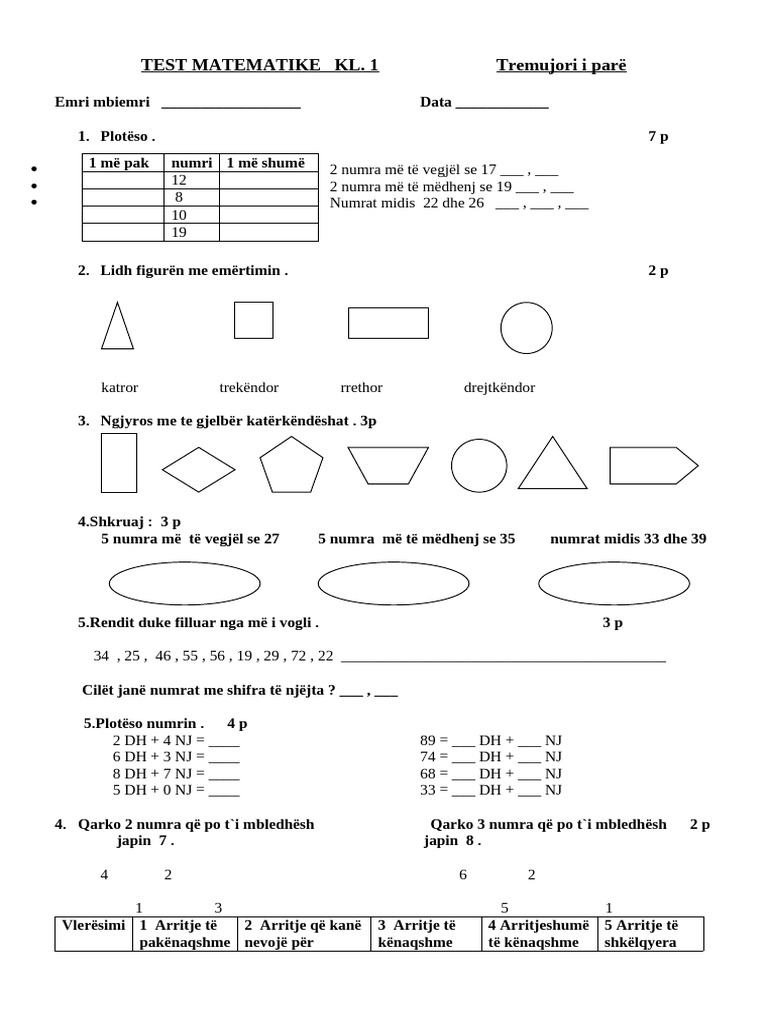 TEST MATEMATIKE, KL 1, TREMUJORI I PARE | PDF