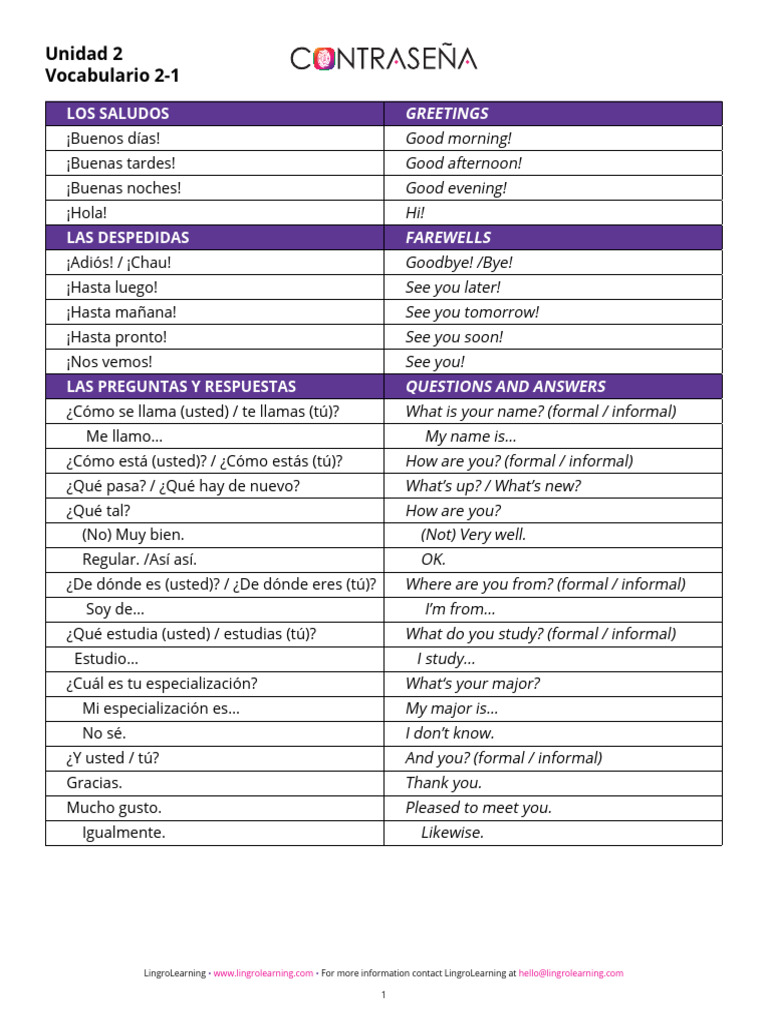 Spanish 2 Unit 2 Vocabulary Guide | PDF | Question | Linguistic Typology