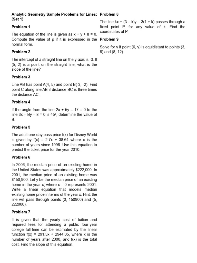 Analytic Geometry Sample Problems For Lines Set 1 | PDF