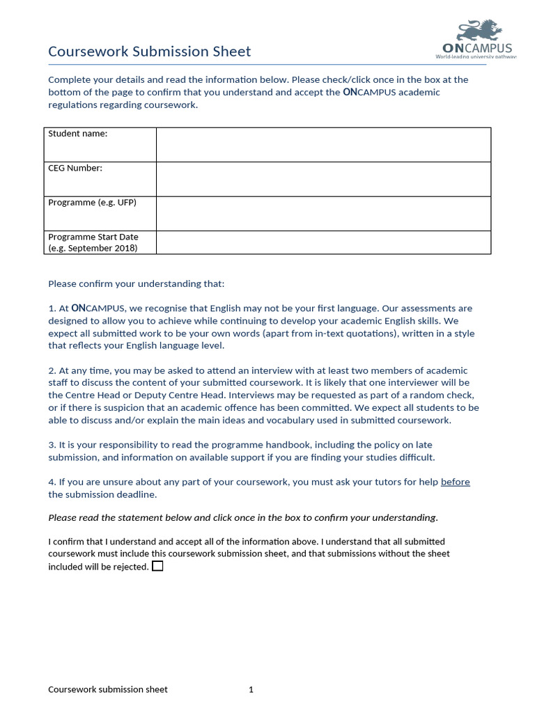 Coursework Submission Sheet INDIVIDUAL CEG | PDF