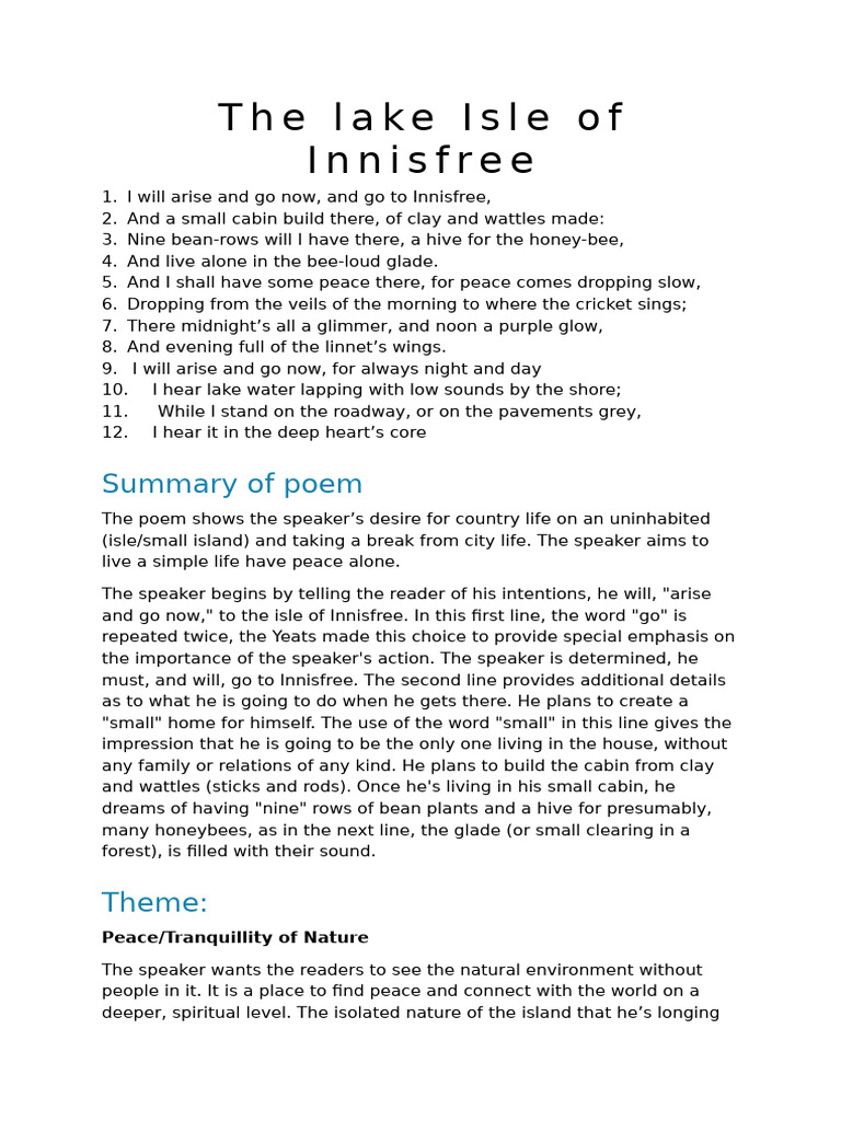 The Lake Isle of Innifree | PDF | Beehive | Poetry