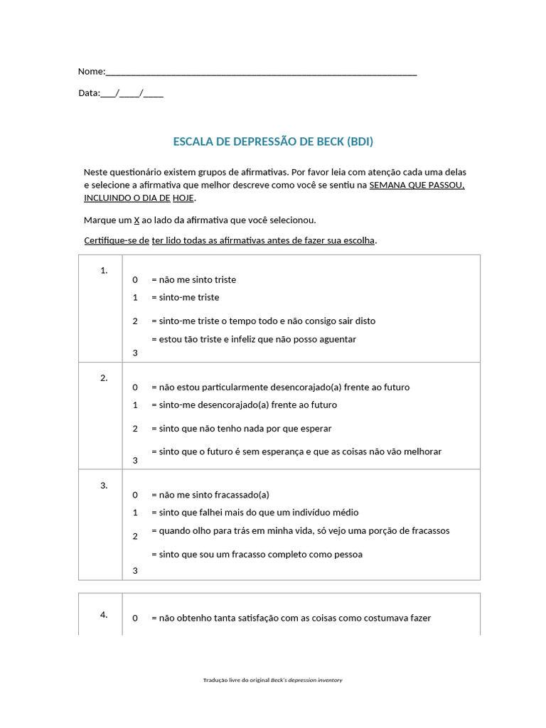 Escala de Depressao de Beck - BDI | PDF