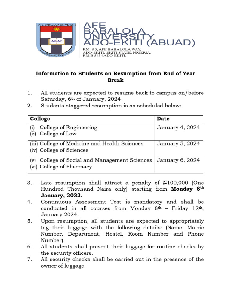 Guidelines For Students Resumption Jan 2024 | PDF