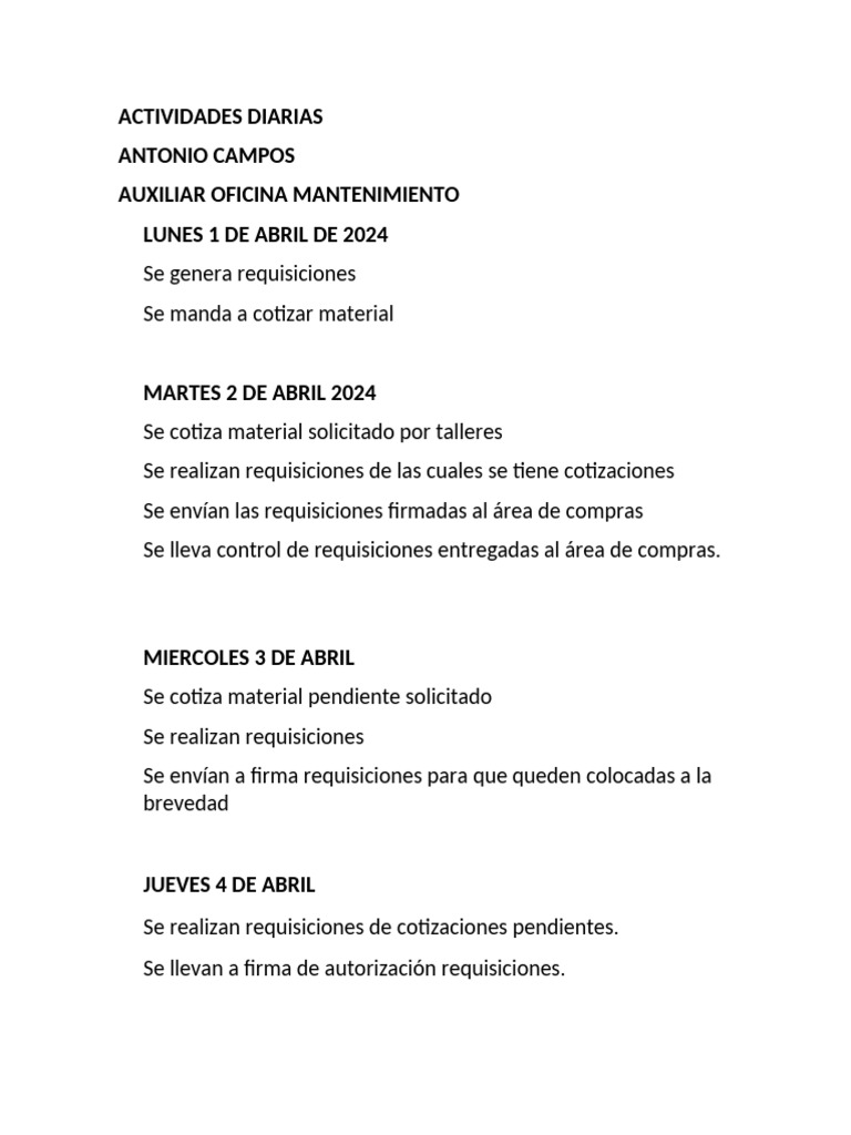 Bitacora Actividades Diarias | PDF