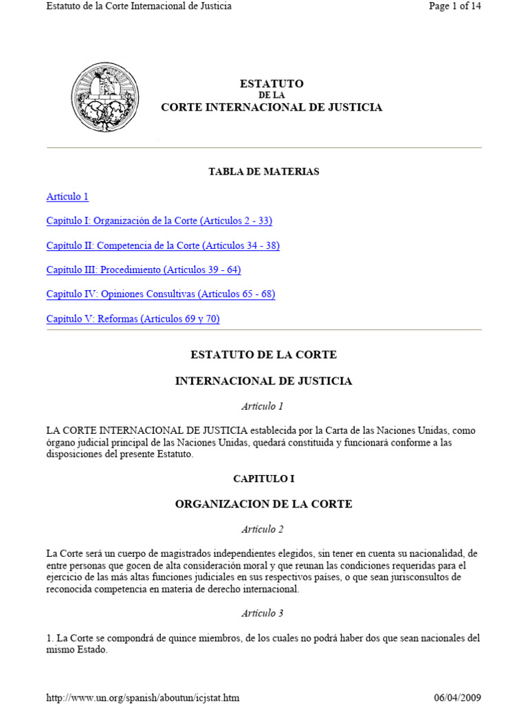 Estatuto de La Corte Internacional de Justicia en HAYA | PDF