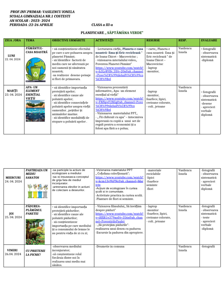 Planificare Saptamana Verde An Scolar 2023-2024 | PDF