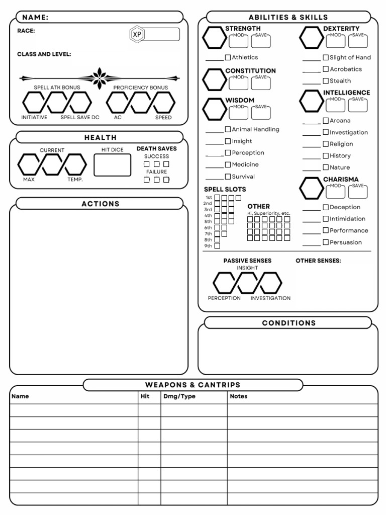 Dungeons and Dragons - Character Sheet - 8.5X11 - Fillable | PDF