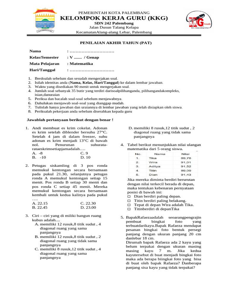 Pat MTK 5 Soal Genap | PDF