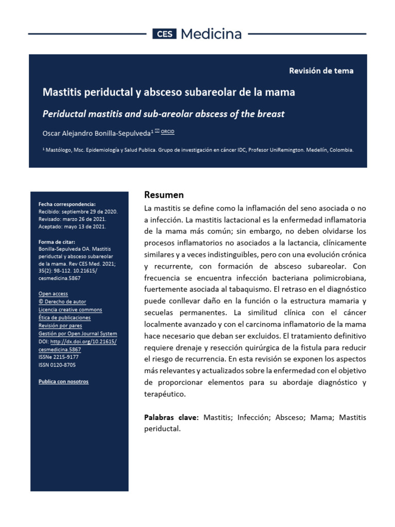 Mastitis Periductal y Absceso Subareolar de La Mama: Periductal ...