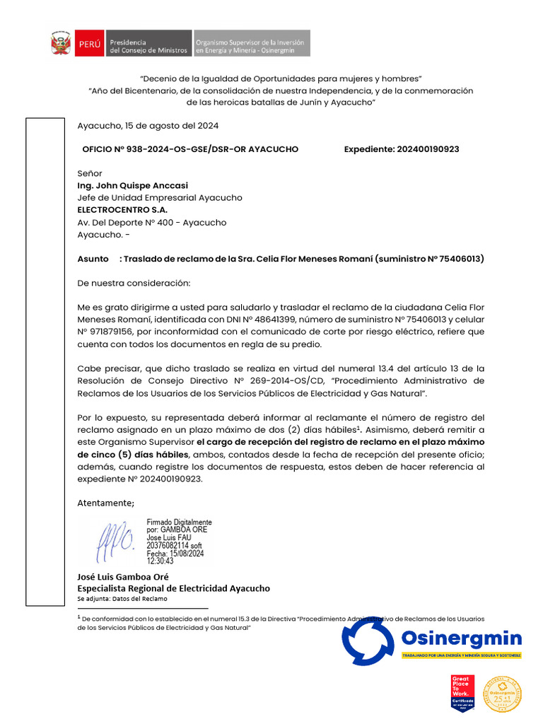 Traslado de Reclamo de Celia Flor Meneses Romaní | PDF