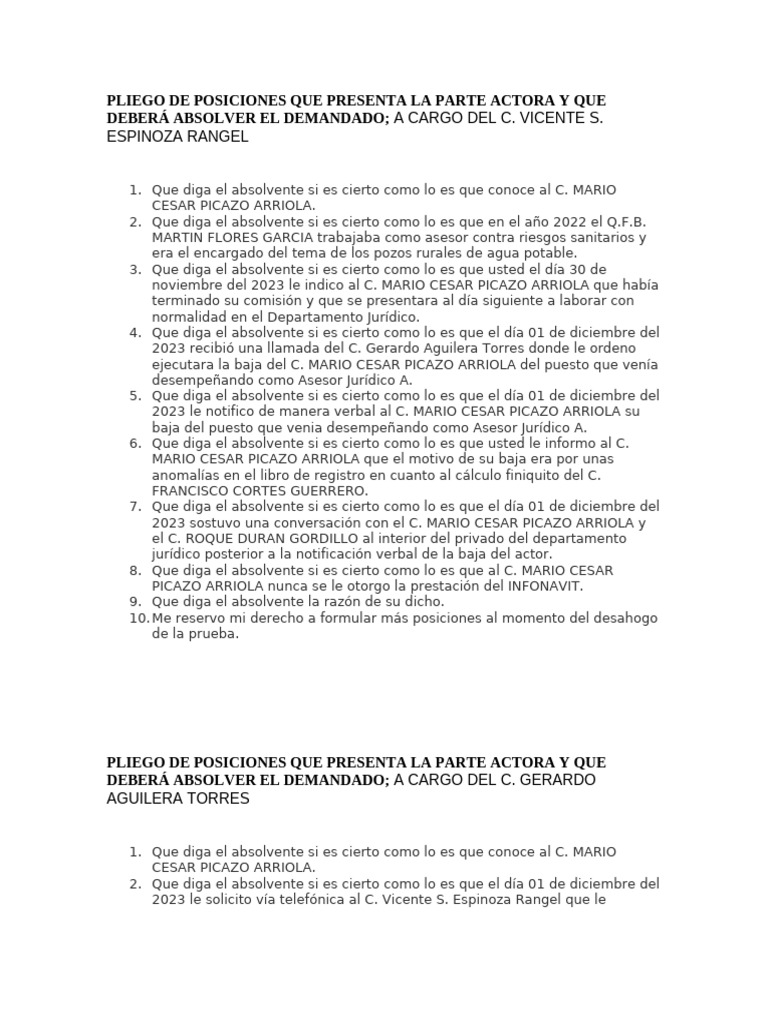 PLIEGO DE POSICIONES QUE PRESENTA LA PARTE ACTORA Y QUE DEBERÁ ABSOLVER EL DEMANDADO | PDF