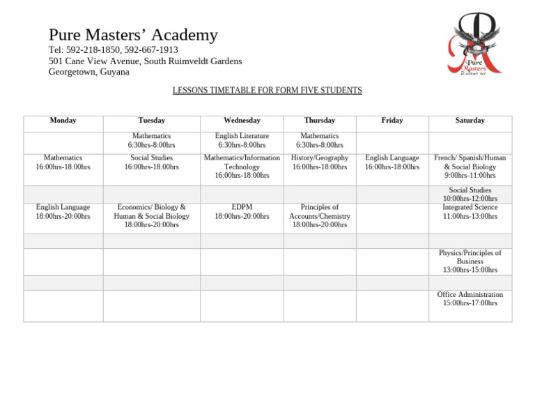 Form Five (F5) Lessons Timetable | PDF